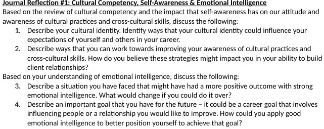 SOLVED: Journal Reflection #1: Cultural Competency - Self-Awareness ...