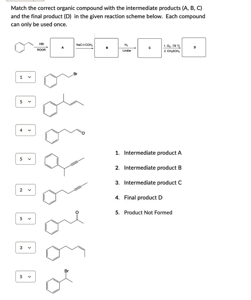 match the correct organic compound with the intermediate products a b c ...