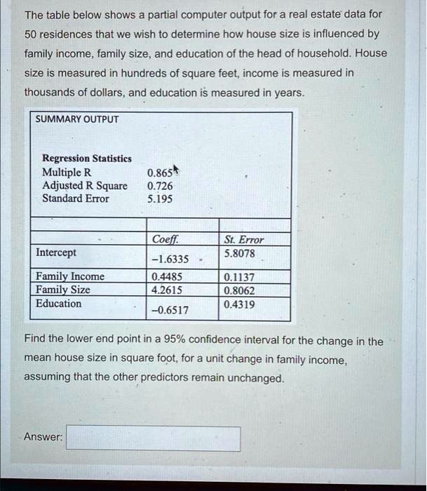 SOLVED: The table below shows a partial computer output for a real ...
