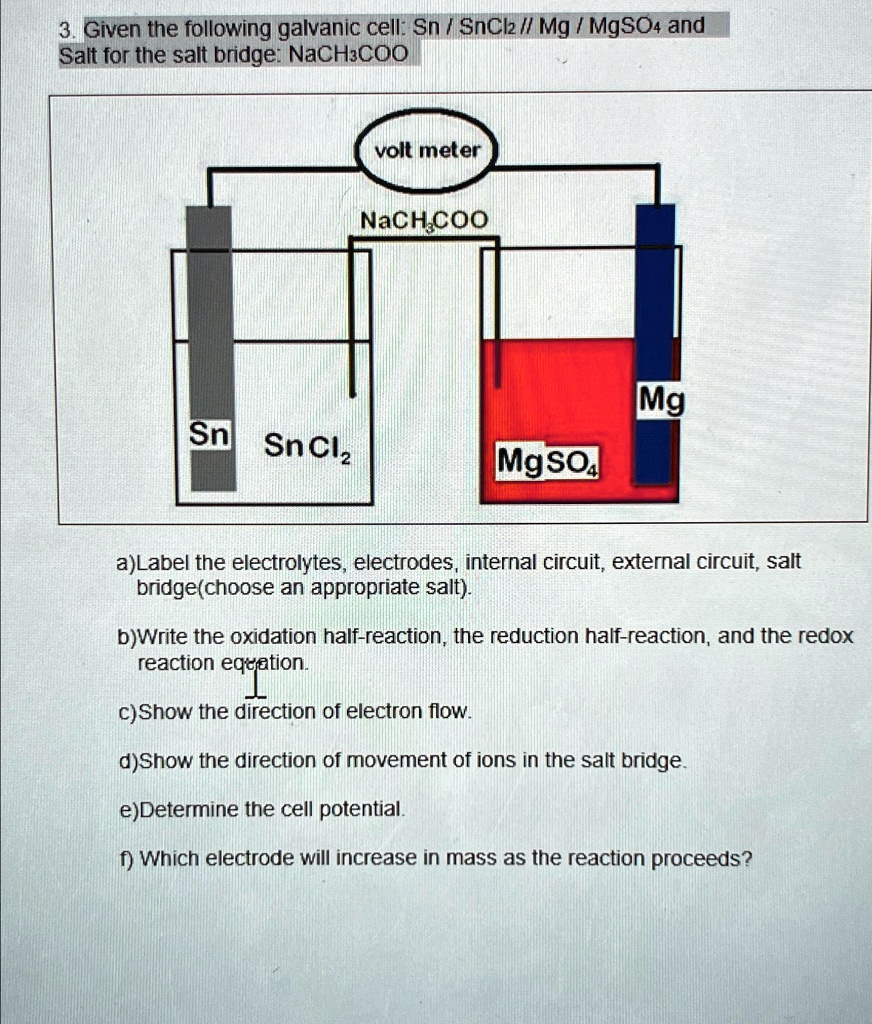 3. Given the following galvanic cell: Sn / SnCl2 // Mg / MgSO4 and Salt ...