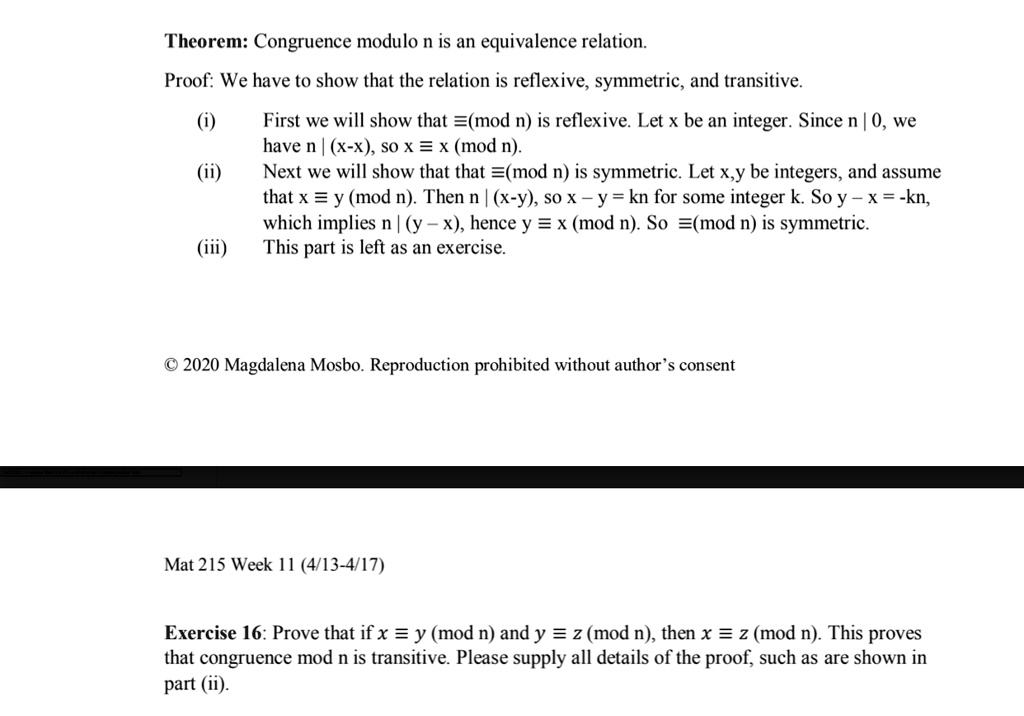 theorem congruence modulo n is an equivalence relation proof we have to show that the relation ...
