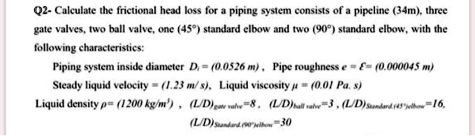 SOLVED: Q2 - Calculate the frictional head loss for a piping system ...