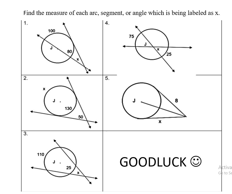 SOLVED: Find the measure of each arc, segment, or angle which is being labeled as x.