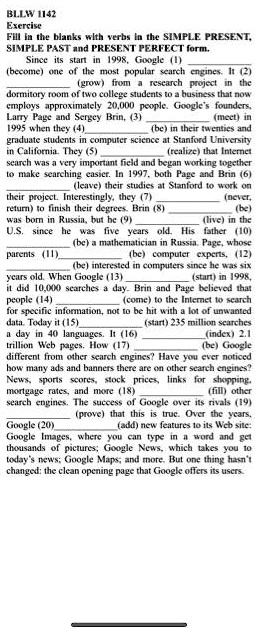 BLLW 1142 Exercise Fill in the blanks with verbs in the SIMPLE PRESENT ...