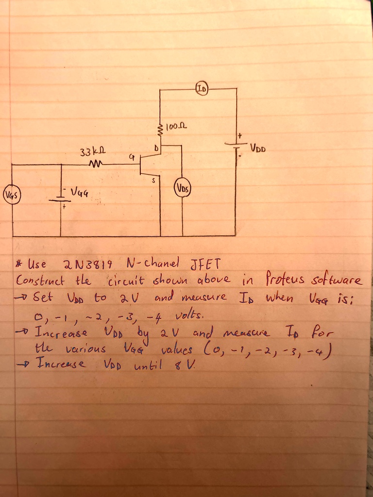 * Use 2N3819 N-channel JFET Construct the circuit shown above in Proteus software ?Set VDD to 2 ...
