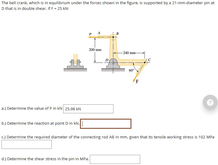 The bell crank, which is in equilibrium under the forces shown in the ...