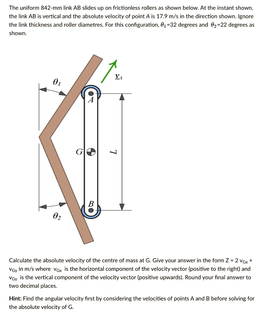 The uniform 842-mm link AB slides up on frictionless rollers as shown ...