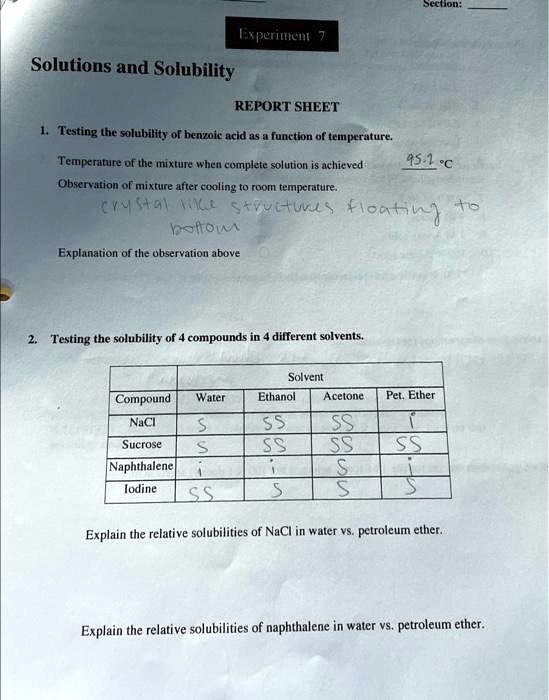 SOLVED: Section: Experiment Solutions and Solubility REPORT SHEET 1 ...