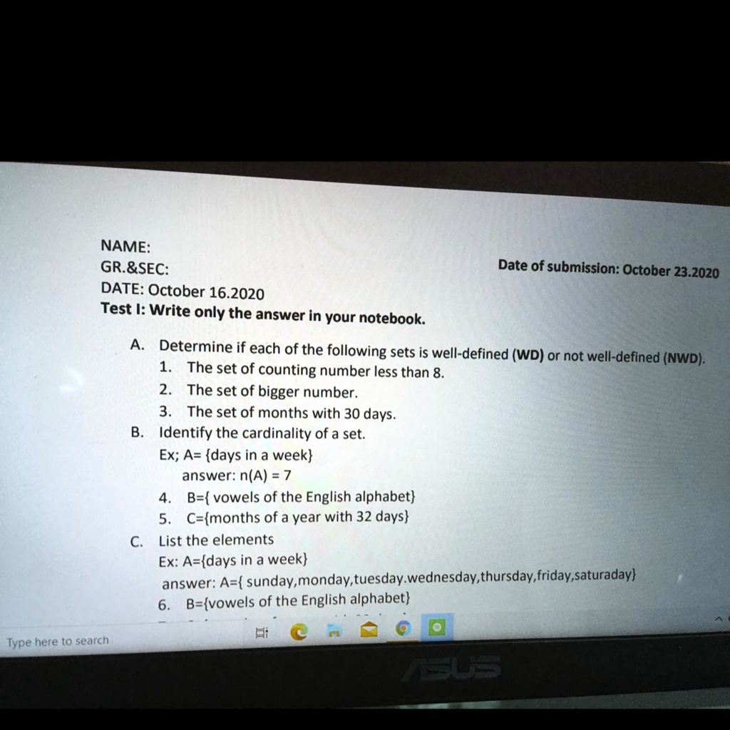 SOLVED: 'Test I: Write only the answer in A. Determine if each of the ...
