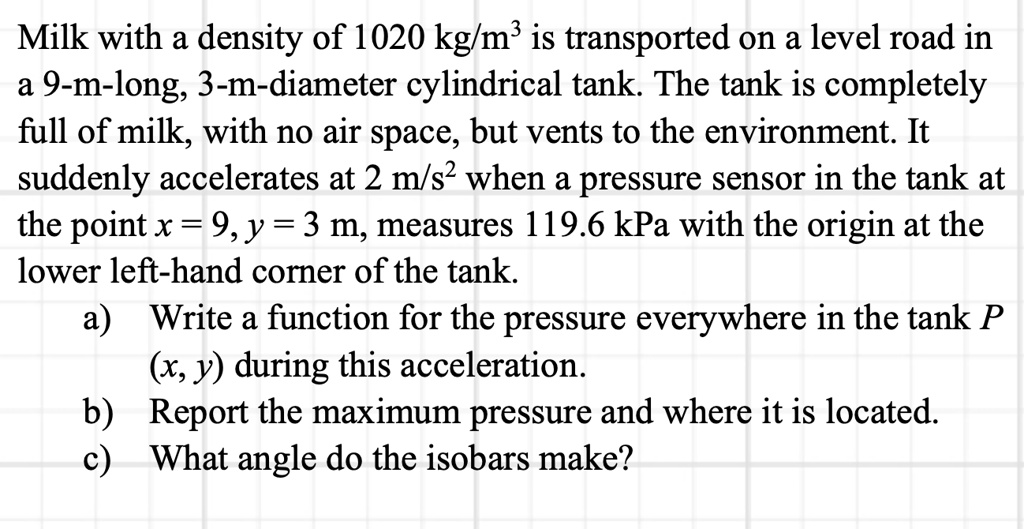 milk with a density of 1020 kgm3 is transported on a level road in a 9 ...