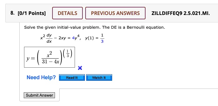 01 points details previous answers zilldiffeq9 25021mi solve the given initial value problem the ...