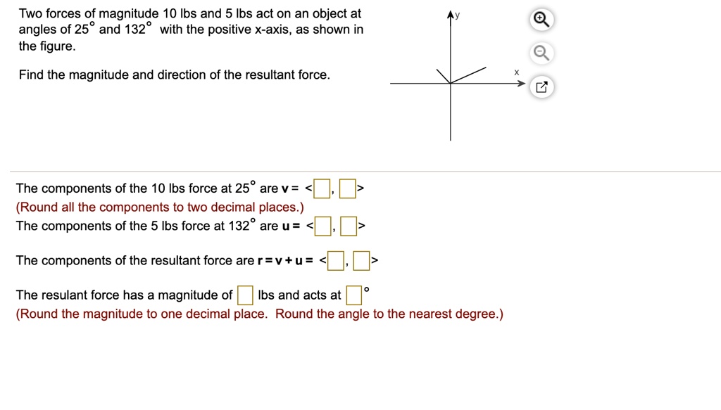 two forces of magnitude 10 ibs and 5 ibs act on an object at angles of ...