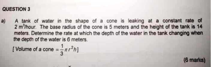 SOLVED: A tank waller in the shape of a cone is leaking at a constant ...