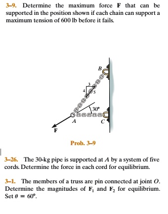 3-9. Determine the maximum force F that can be supported in the position shown if each chain can ...
