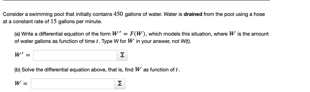SOLVED: Consider a swimming pool that initially contains 450 gallons of ...