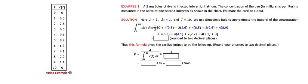 SOLVED: Example: mg bolus dye injected into right atrium. The ...