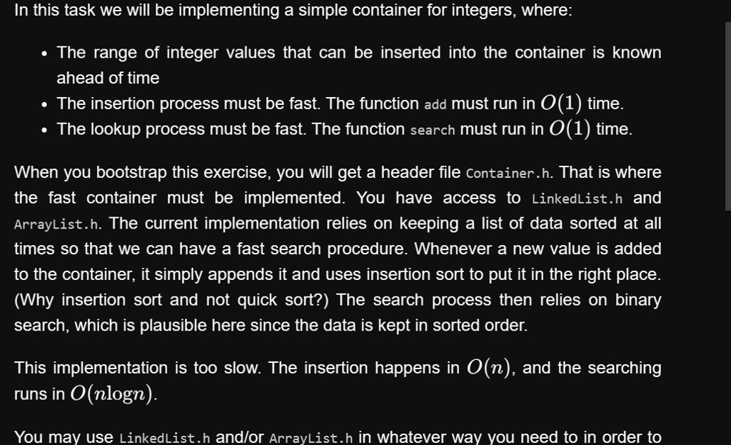 in this task we will be implementing a simple container for integers where the range of integer ...