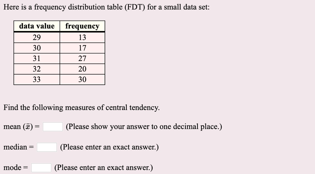 SOLVED: Here is a frequency distribution table (FDT) for a small data set: data value frequency ...