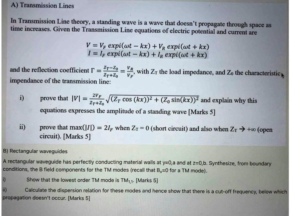 SOLVED: ATransmission Lines In Transmission Line theory, a standing ...