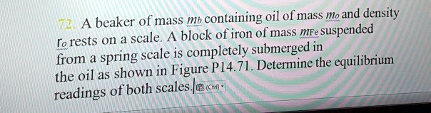 SOLVED: beaker of mass mb containing oil ofmass M and density scale. A block of iron of mass mFe ...