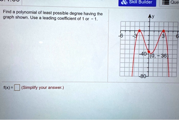 skill builder que find polynomial of least possible degree having the graph shown use leading ...
