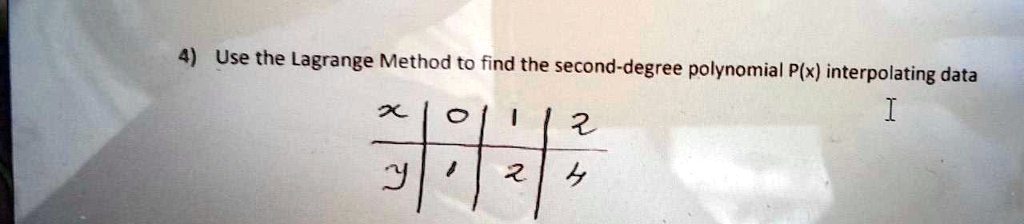 SOLVED: 4) Use the Lagrange Method to find the second-degree polynomial ... SOLVED: 4) Use the Lagrange Method to find the second-degree polynomial ...