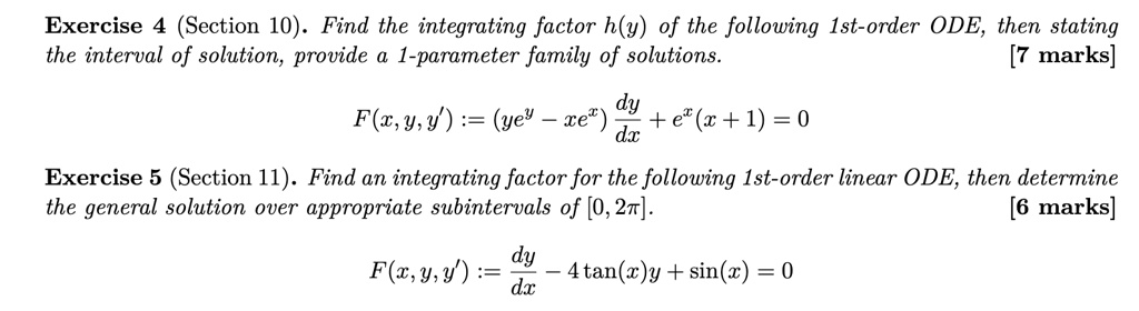 SOLVED: Exercise 4 (Section 10). Find the integrating factor h(y) of ...