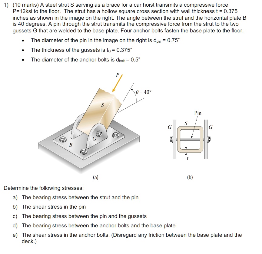 1) (10 marks) A steel strut S serving as a brace for a car hoist ...