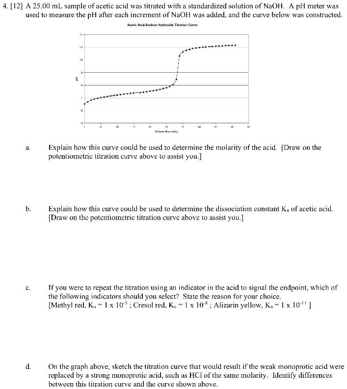 SOLVED: 4. [12] A 25.00 mL sample of acetic acid was titrated with a ...