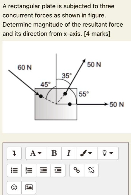 A rectangular plate is subjected to three concurrent forces as shown in figure. Determine ...
