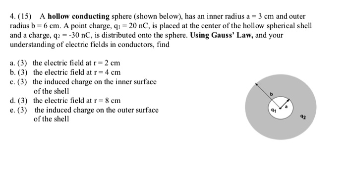 SOLVED: 4. (15) hollow conducting sphere (shown below), has an inner radius Cm und ouler radius ...