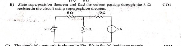 B) State superposition theorem and find the current passing through the 3 Ω CO 1 resistor in the ...