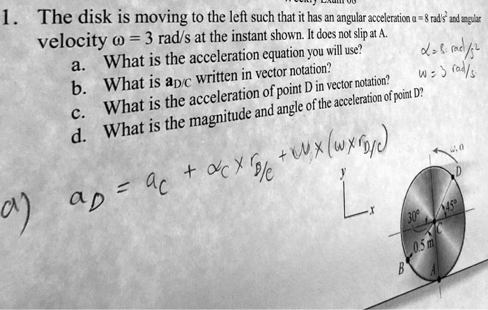 SOLVED: IThe disk is moving to the left such that it has an angular acceleration a= 8 rad's and ...