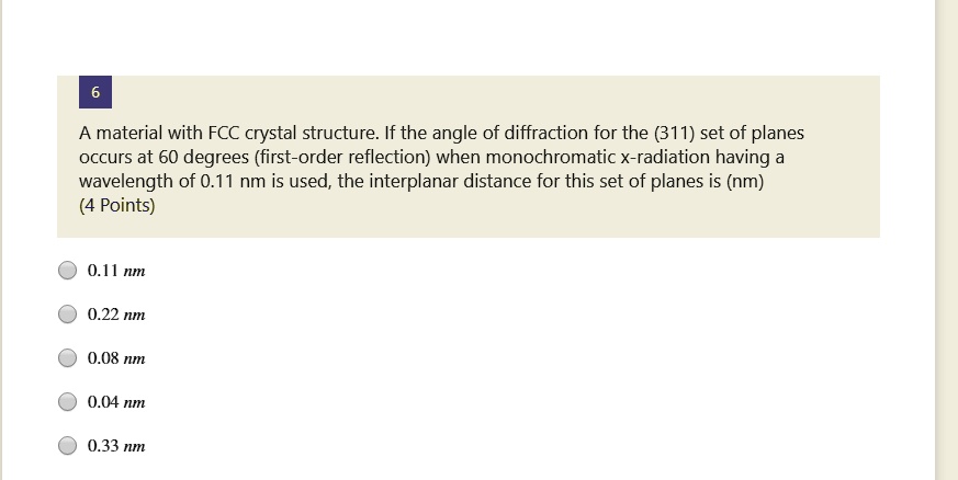 SOLVED: A material with FCC crystal structure If the angle of ...