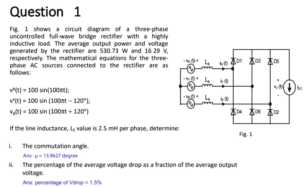 SOLVED: Fig. 1 shows a circuit diagram of a three-phase uncontrolled full-wave bridge rectifier ...