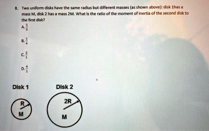 8. Two uniform disks have the same radius but different masses (as shown above): disk 1 has a ...