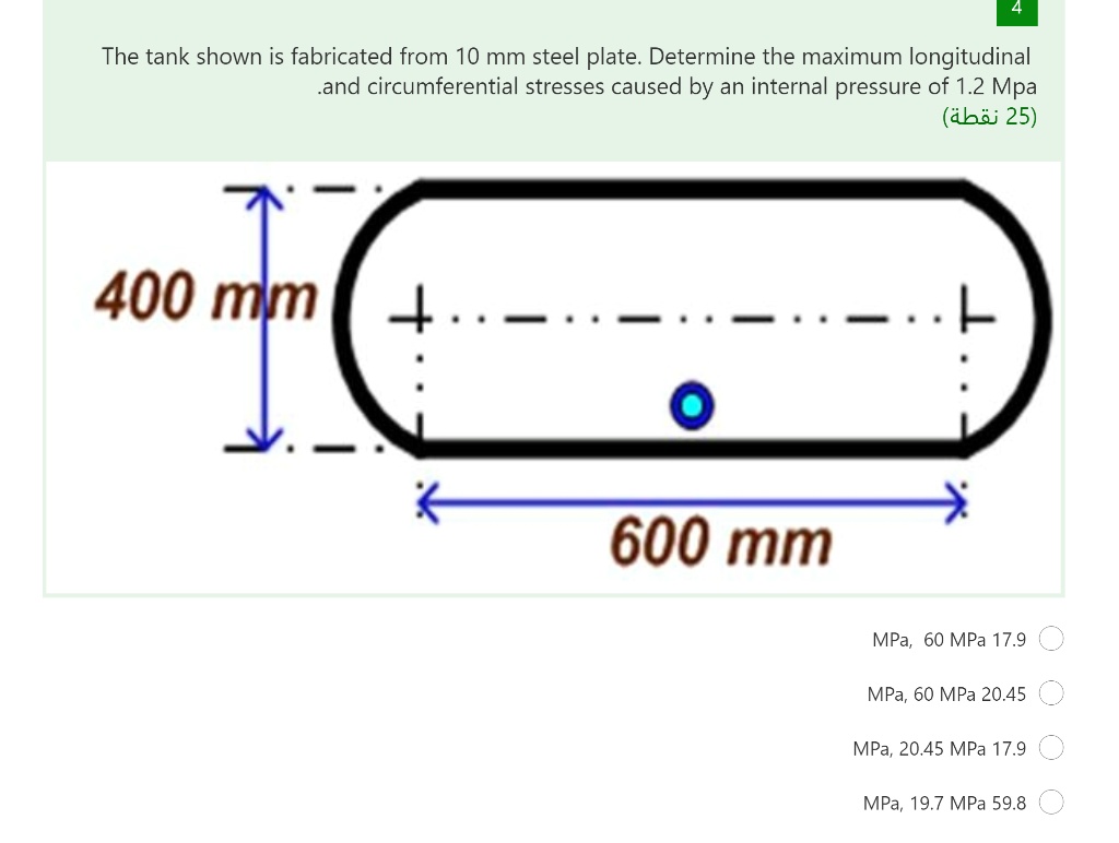 4 The tank shown is fabricated from 10 mm steel plate. Determine the maximum longitudinal and ...