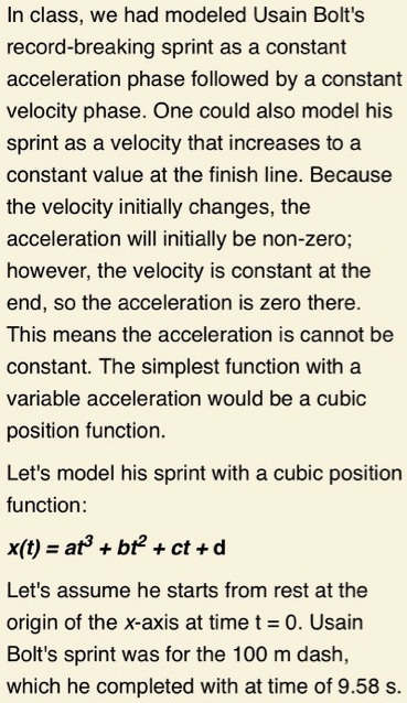 SOLVED: In class, we had modeled Usain Bolt's record-breaking sprint as ...