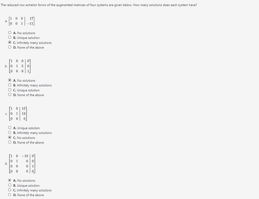 SOLVED: The reduced row-echelon forms of the augmented matrices of four ...