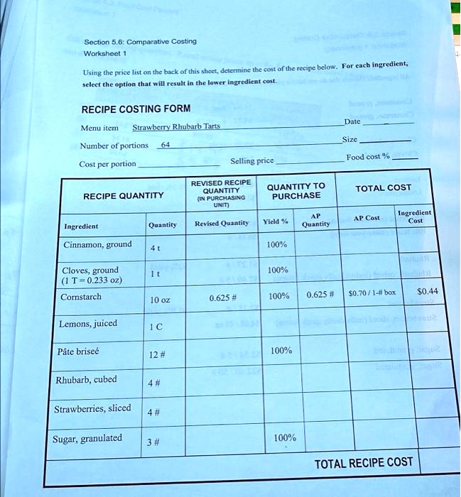 Section 5.6: Comparative Costing Worksheet 1 Using the price list on the back of this sheet ...