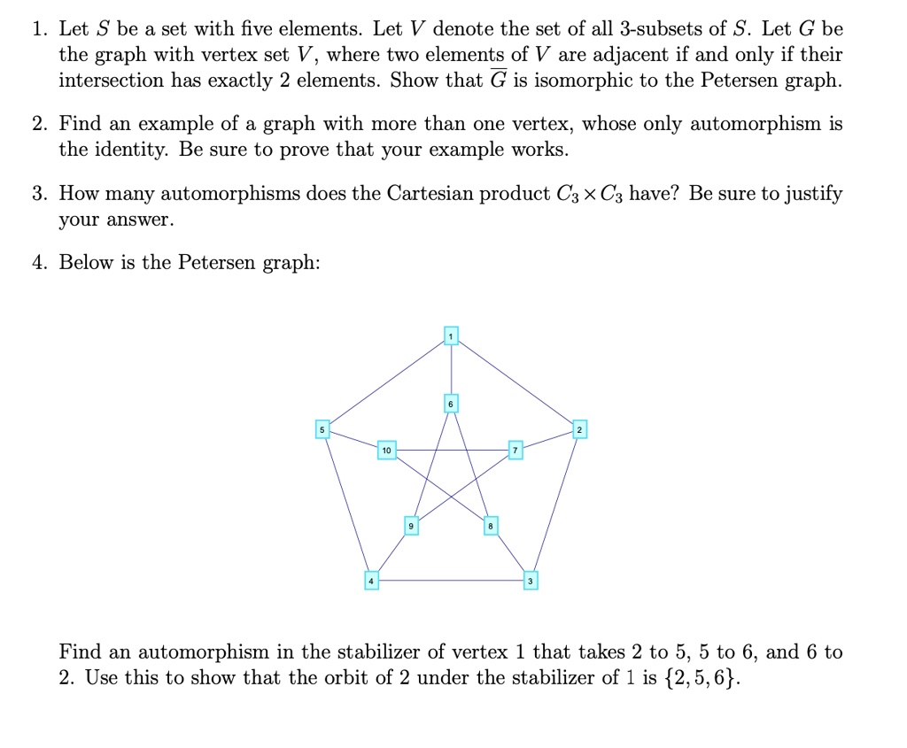 SOLVED: Let S be a set with five elements. Let V denote the set of all 3-subsets of S. Let G be ...