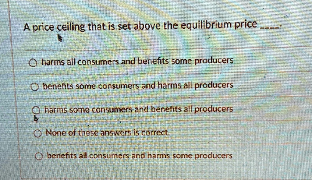 SOLVED: A price ceiling that is set above the equilibrium price harms ...