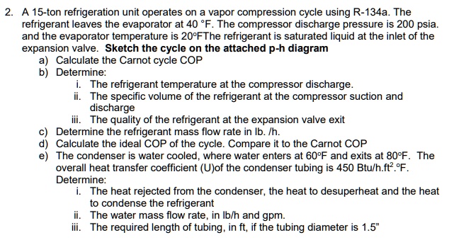 SOLVED: A 15-ton refrigeration unit operates on a vapor compression ...