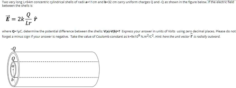 SOLVED: Two very long L=94m concentric cylindrical shells of radii a ...