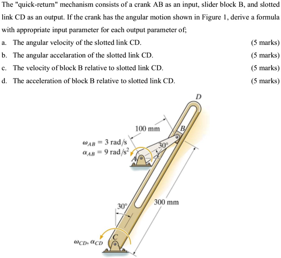 SOLVED: The "quick-return" mechanism consists of a crank AB as an input, slider block B, and ...