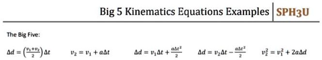 SOLVED: Big 5 Kinematics Equations Examples | SPH3U The Big Five: 04t ...
