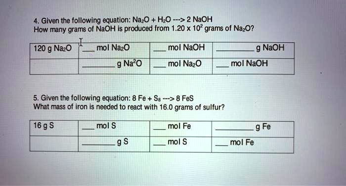 Given the following equation: Na2O + H2O -> 2 NaOH. How many grams of NaOH is produced from 20 x ...