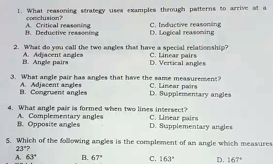 SOLVED: Reasoning uses examples through patterns arrive. What strategy ...