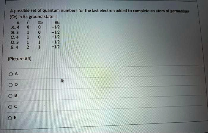 SOLVED: Apossible set of quantum numbers for the last electron added to ...