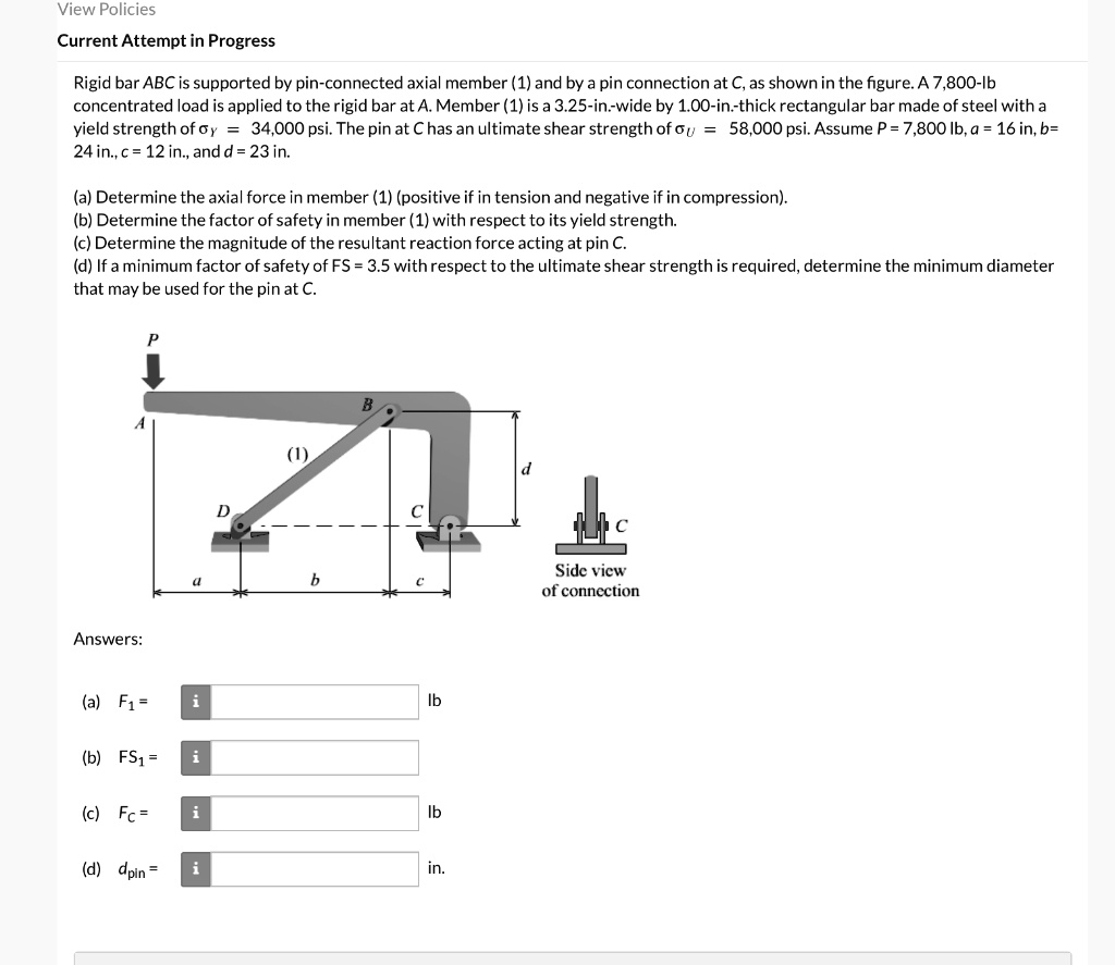 Rigid bar ABC is supported by a pin-connected axial member (1) and by a ...